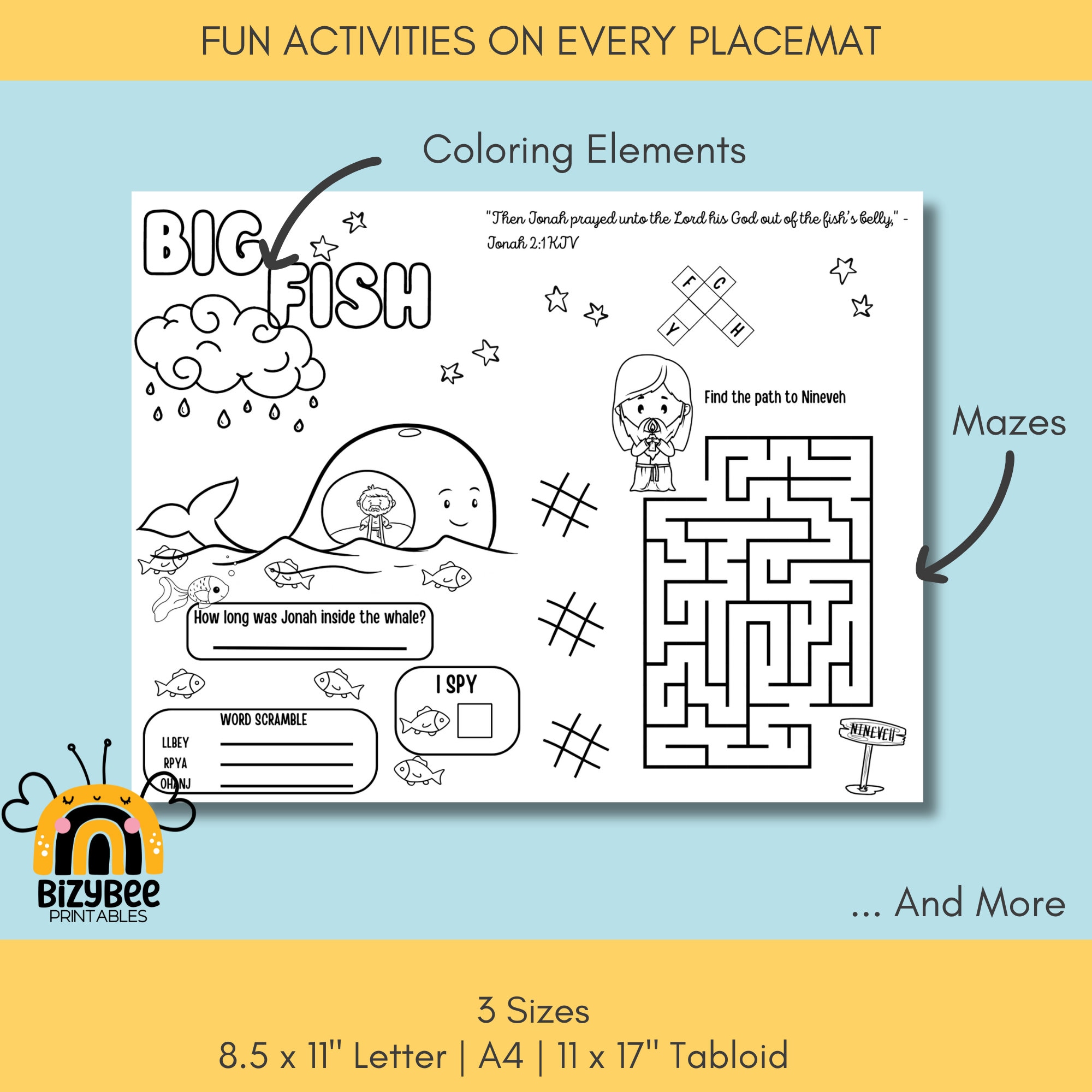 Jonah & the Whale Activity Placemat Bundle, Bible Study Coloring Page ...