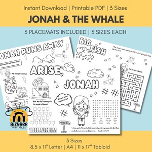 Jonah & the Whale Activity Placemat Bundle, Bible Study Coloring Page ...