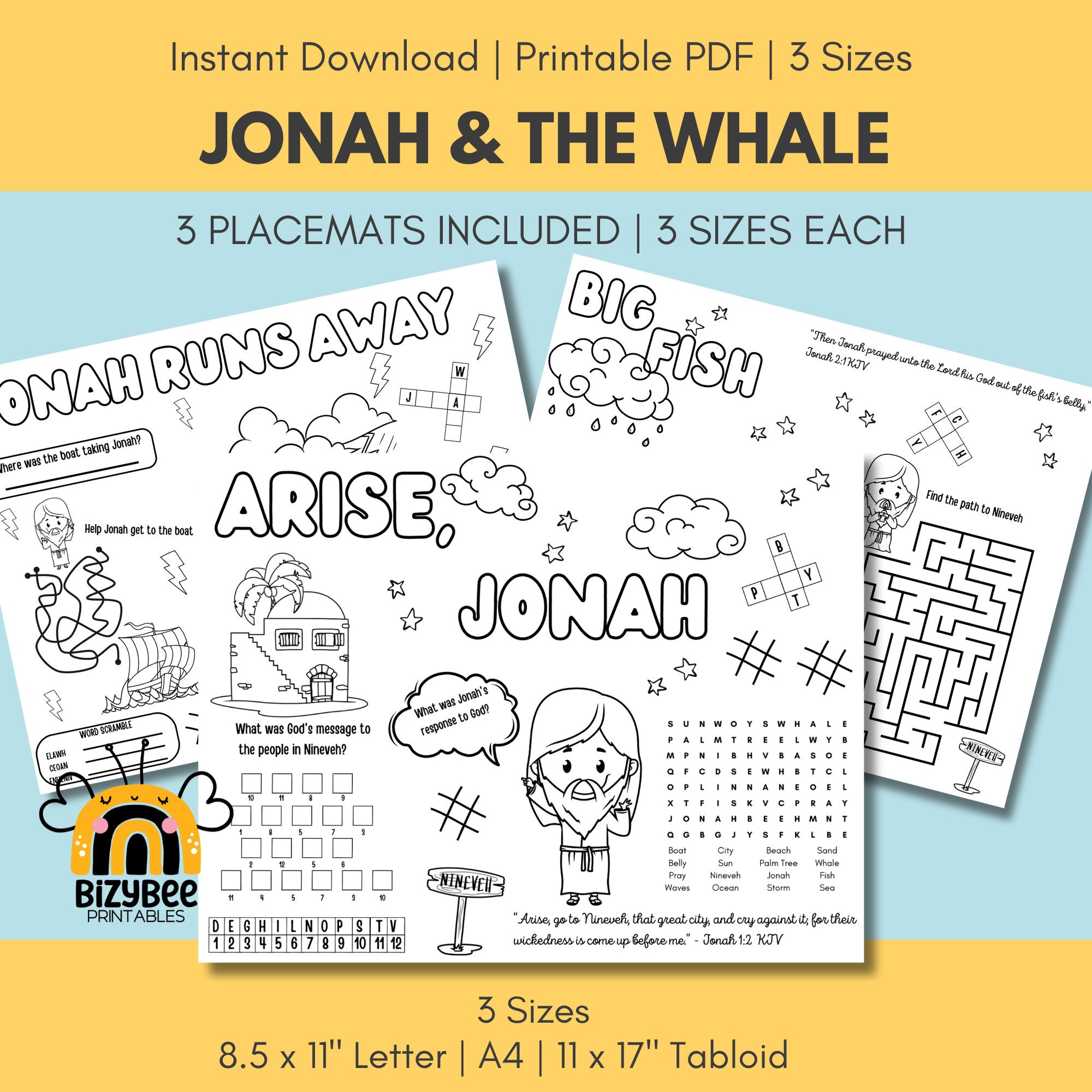 Jonah & the Whale Activity Placemat Bundle, Bible Study Coloring Page ...
