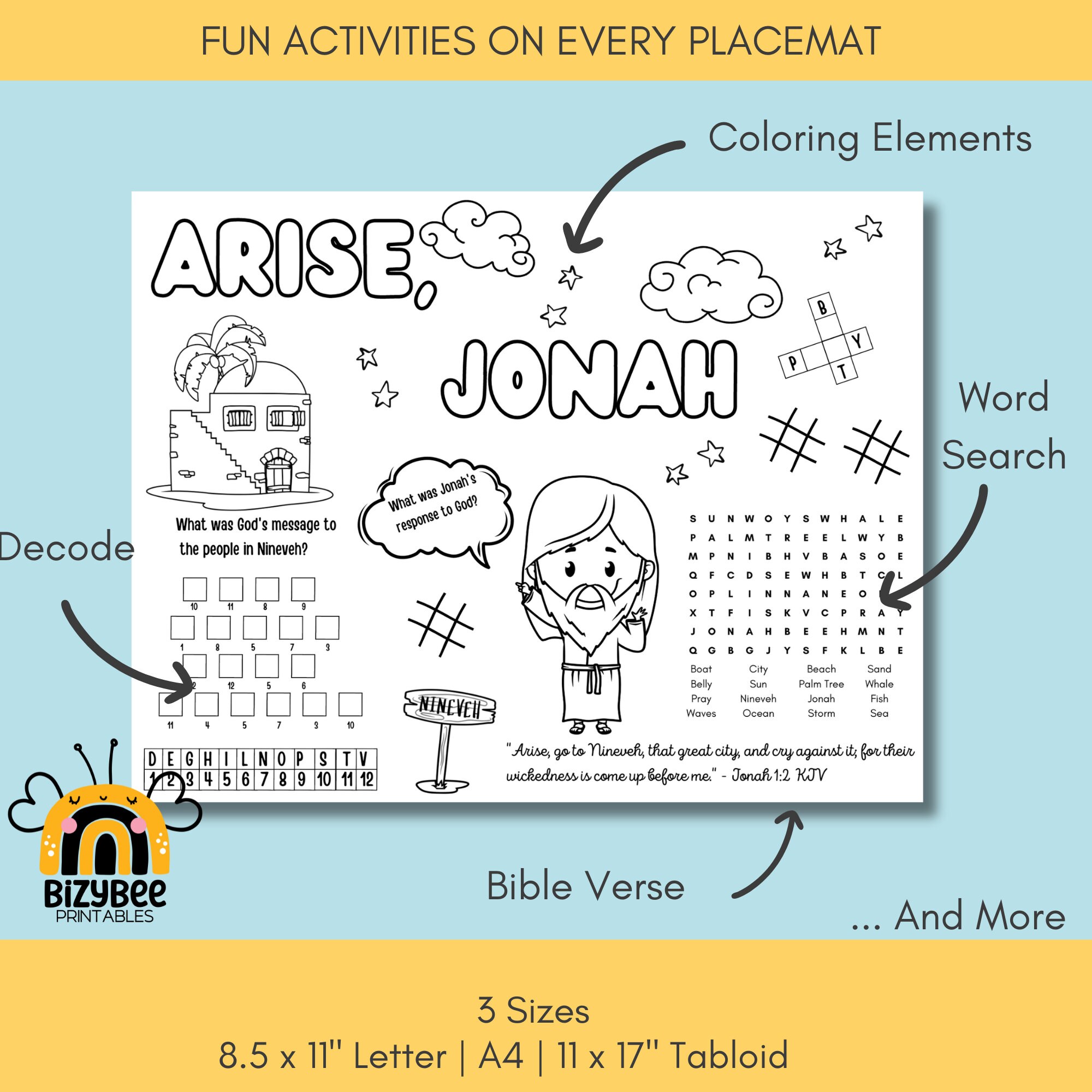 Jonah & the Whale Activity Placemat Bundle, Bible Study Coloring Page ...