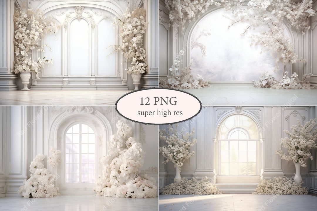 Luxury Floral Digital Backdrop Bundle, Elegant White Room Backdrops ...