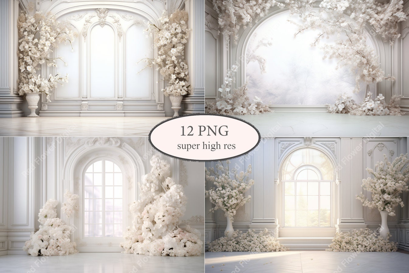 Luxury Floral Digital Backdrop Bundle, Elegant White Room Backdrops ...