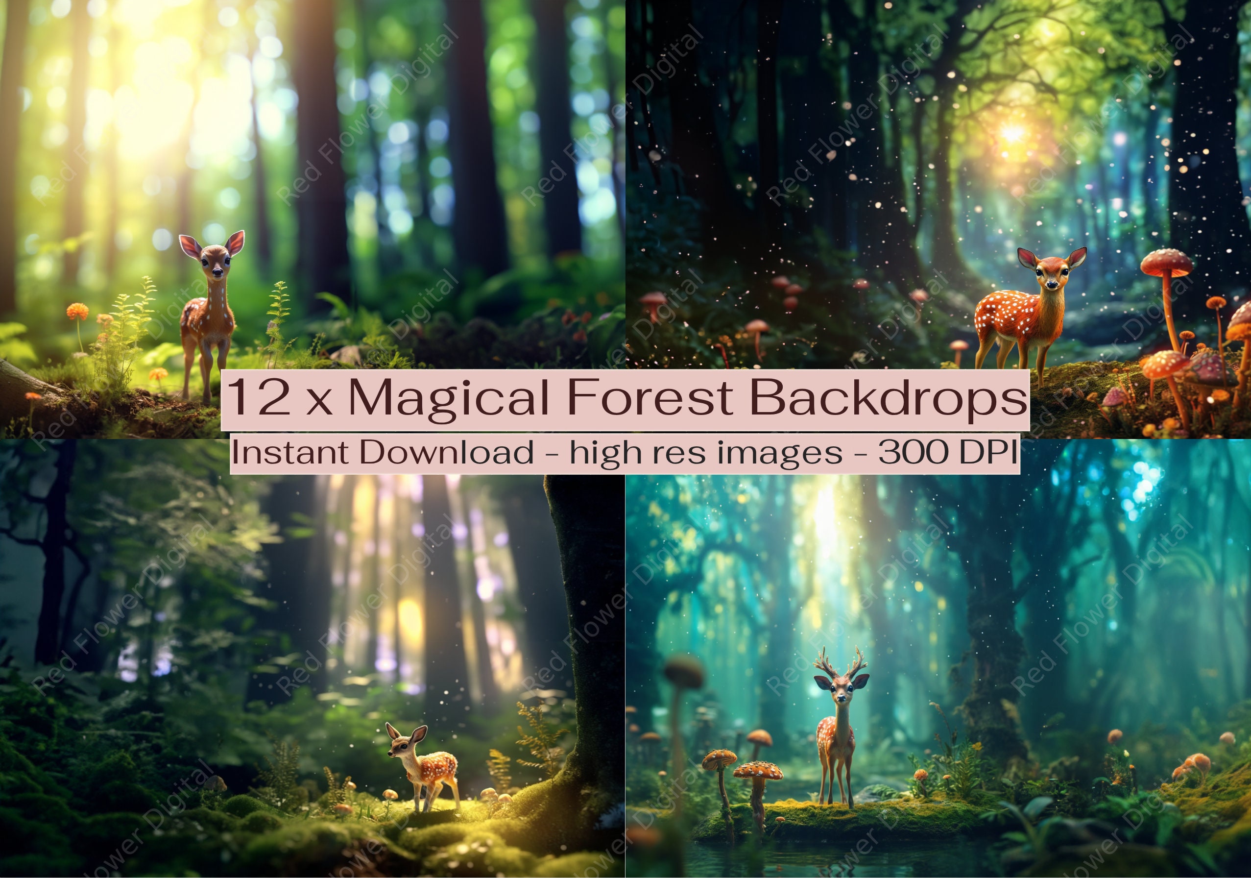 Magical Forest Digital Backdrop Bundle, Fairytale Digital Backgrounds ...