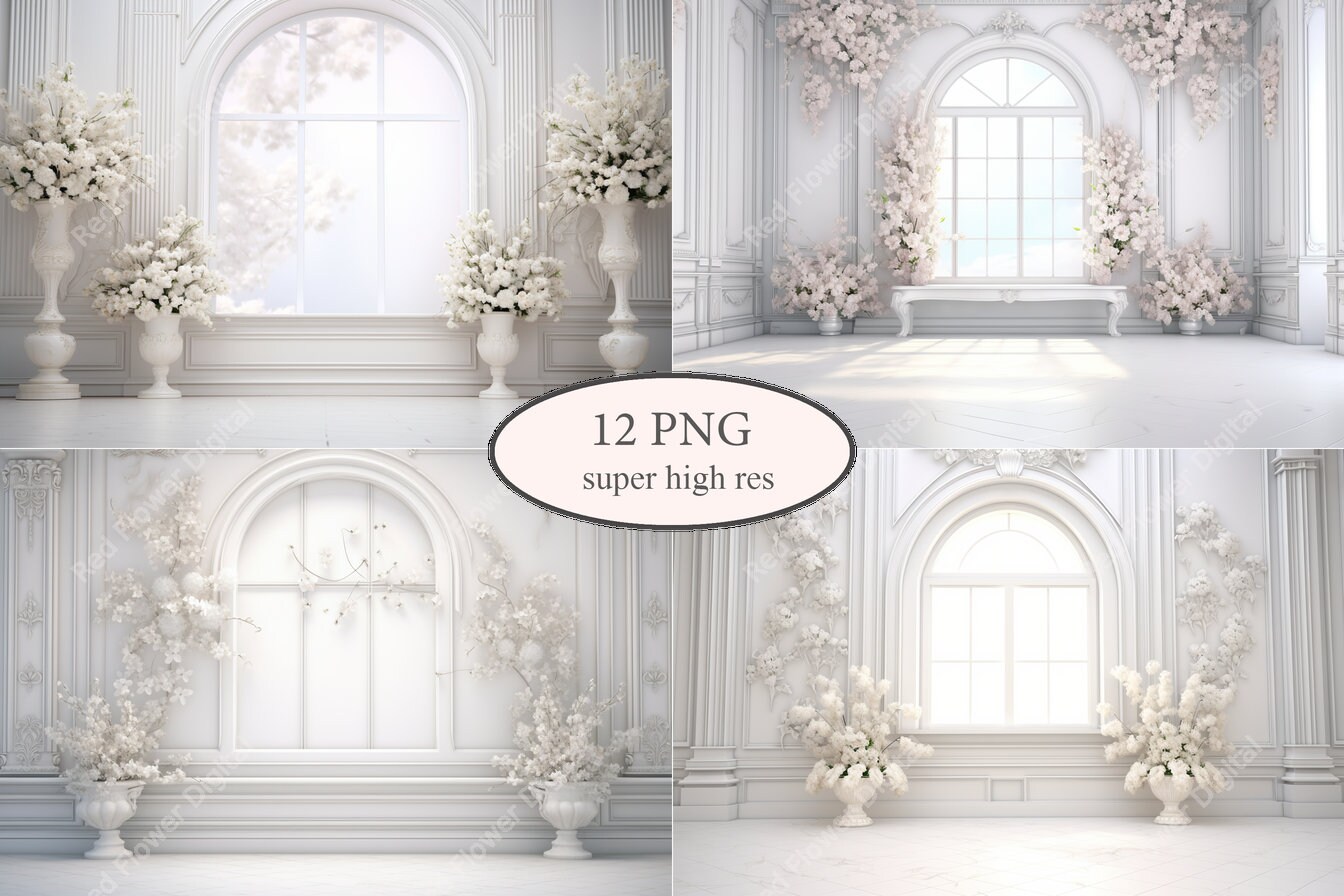 Luxury Floral Digital Backdrop Bundle, Elegant White Room Backdrops ...