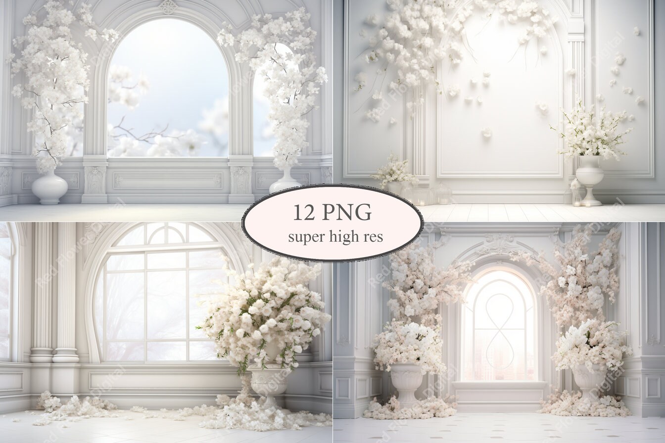 Luxury Floral Digital Backdrop Bundle, Elegant White Room Backdrops ...
