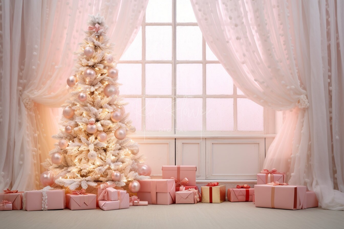 Pink Christmas Digital Backdrop Bundle, Christmas Tree Background ...