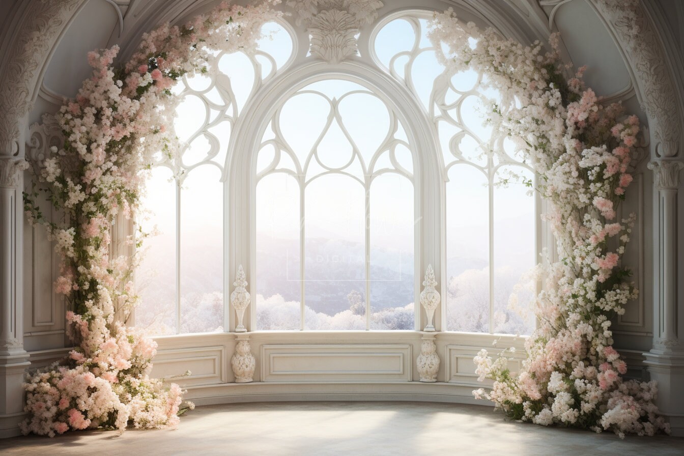 Floral Window Digital Backdrop Bundle, Elegant White Room Backdrops ...