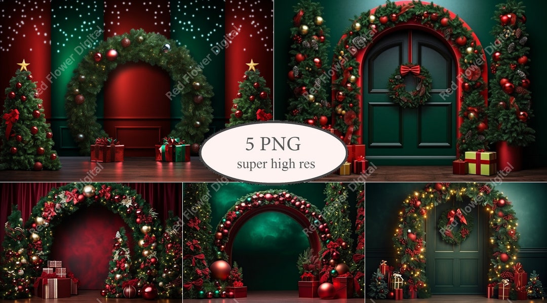 Christmas Arch Digital Backdrop Bundle, Family Xmas Backgrounds, Red ...