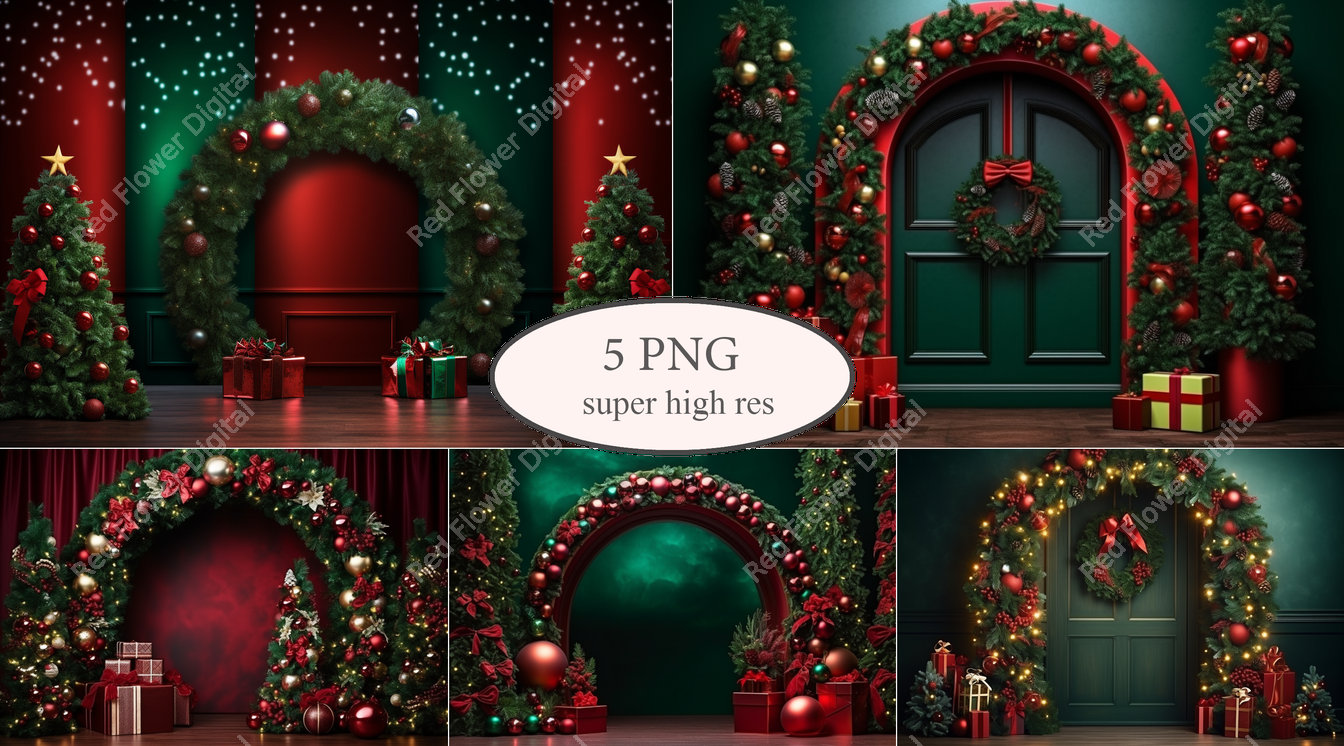 Christmas Arch Digital Backdrop Bundle, Family Xmas Backgrounds, Red ...