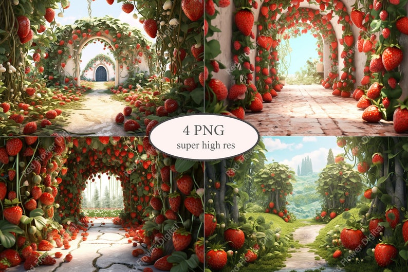 Strawberries Digital Backdrop Bundle, Strawberry Background, Fantasy ...