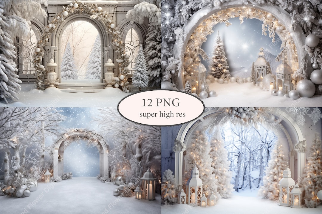 Winter Wonderland Digital Backdrop Bundle, White Christmas Background, Magical Xmas Tree ...