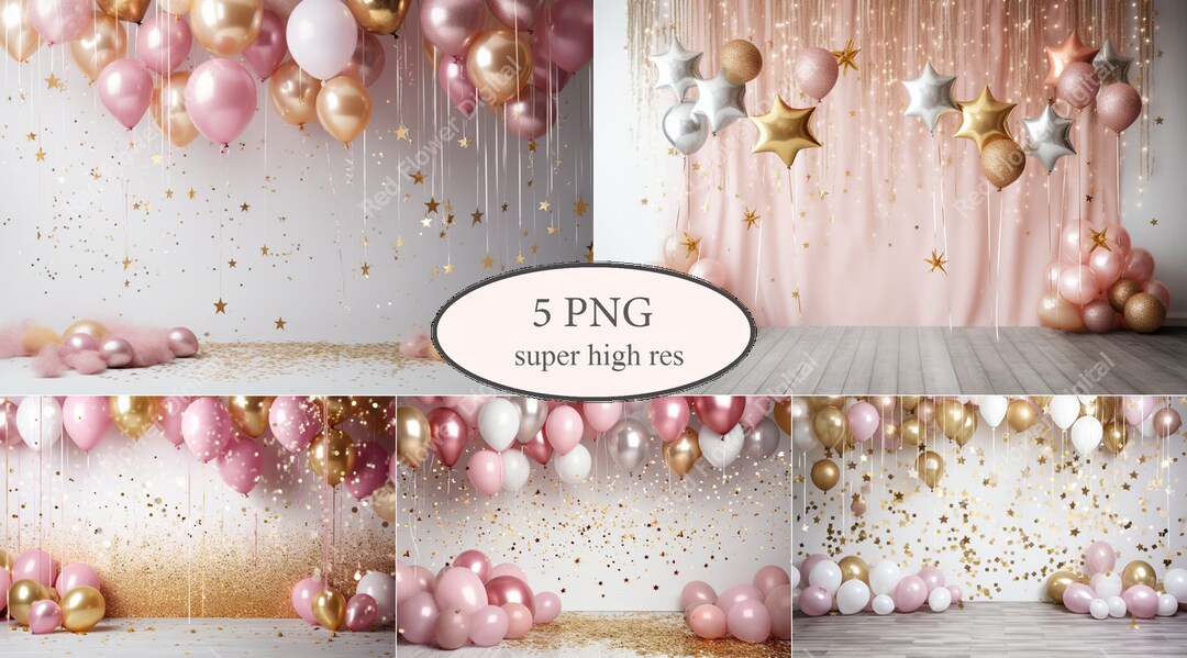 Pink Balloons Digital Backdrop Bundle, Pink Gold Balloon Backdrops ...