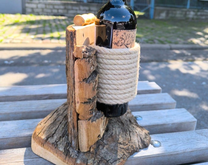 Handcrafted Wooden Tree Bark Wine Holder With Built-in Opener - Rustic ...