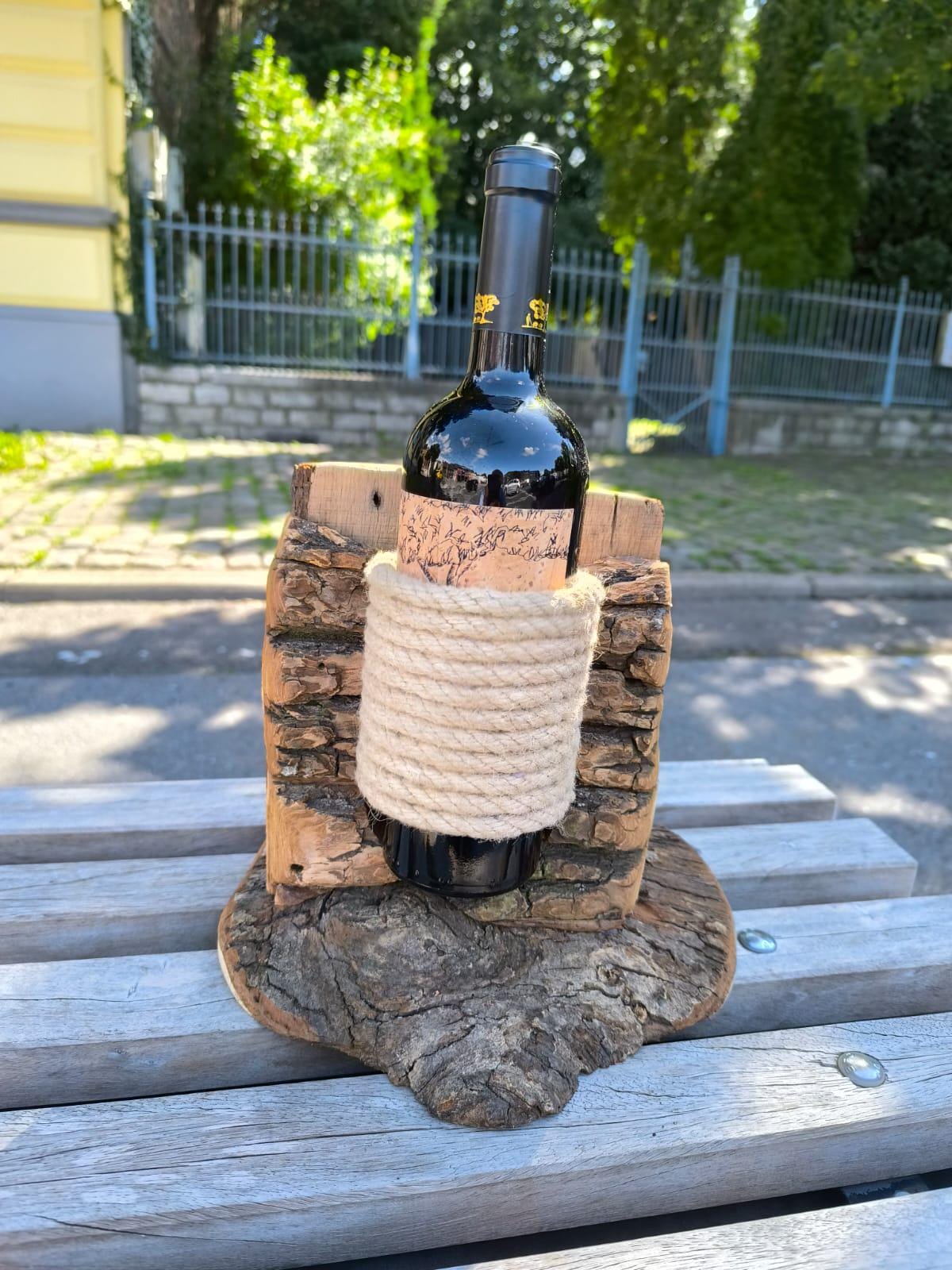 Handcrafted Wooden Tree Bark Wine Holder With Built-in Opener - Rustic ...