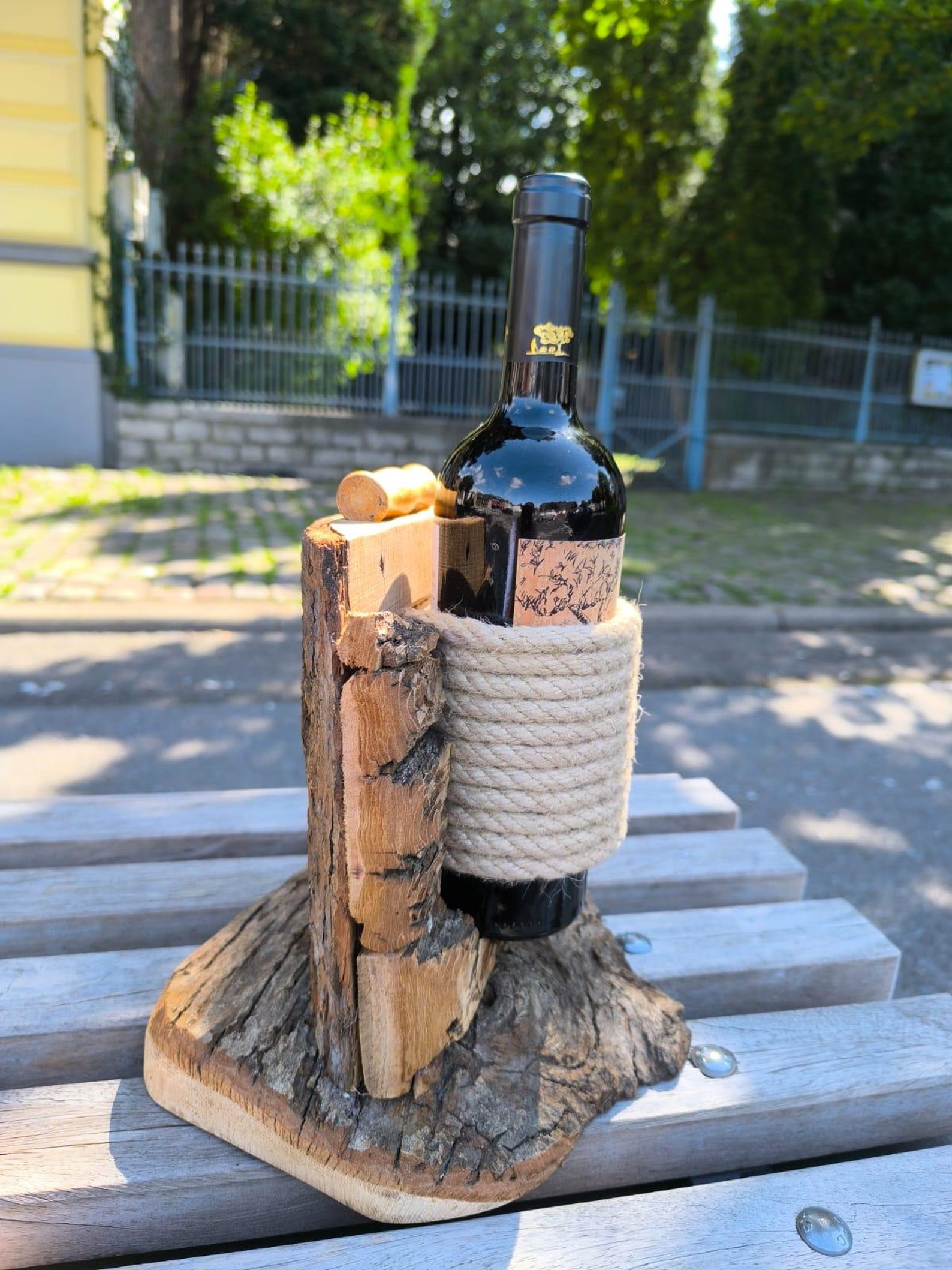 Handcrafted Wooden Tree Bark Wine Holder With Built-in Opener - Rustic ...