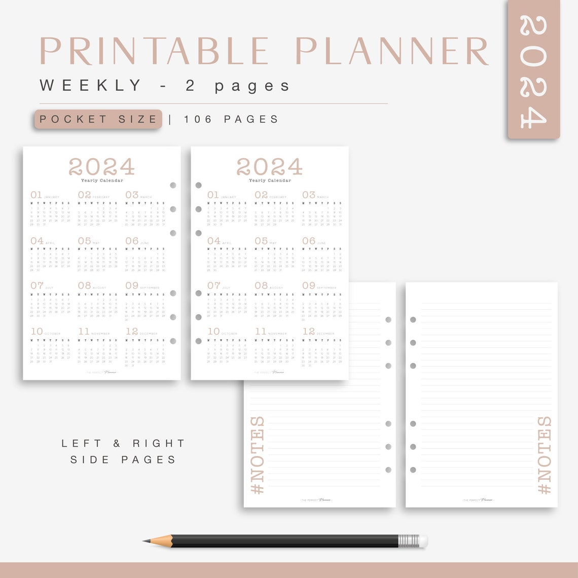 Pocket Weekly Planner 2024 Printable Week on 2 Pages Beige and Black ...