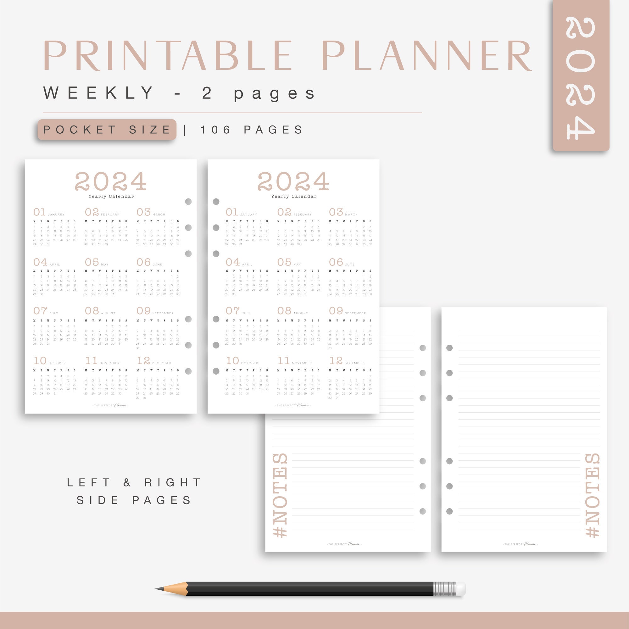 Pocket Weekly Planner 2024 Printable Week on 2 Pages Beige and Black ...