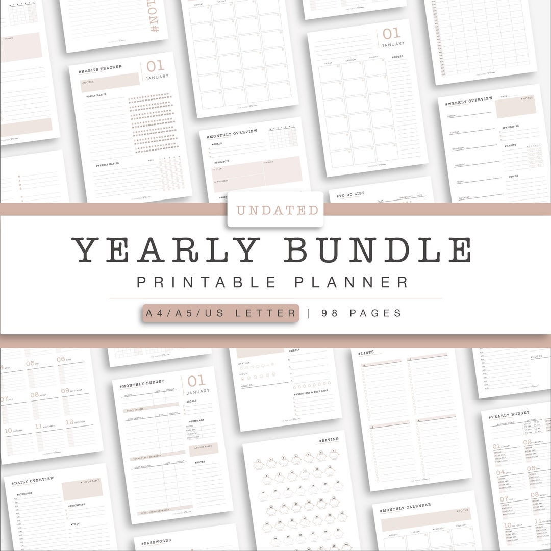 Yearly Planner Bundle Printable Planner Refills Aesthetic Beige Agenda ...