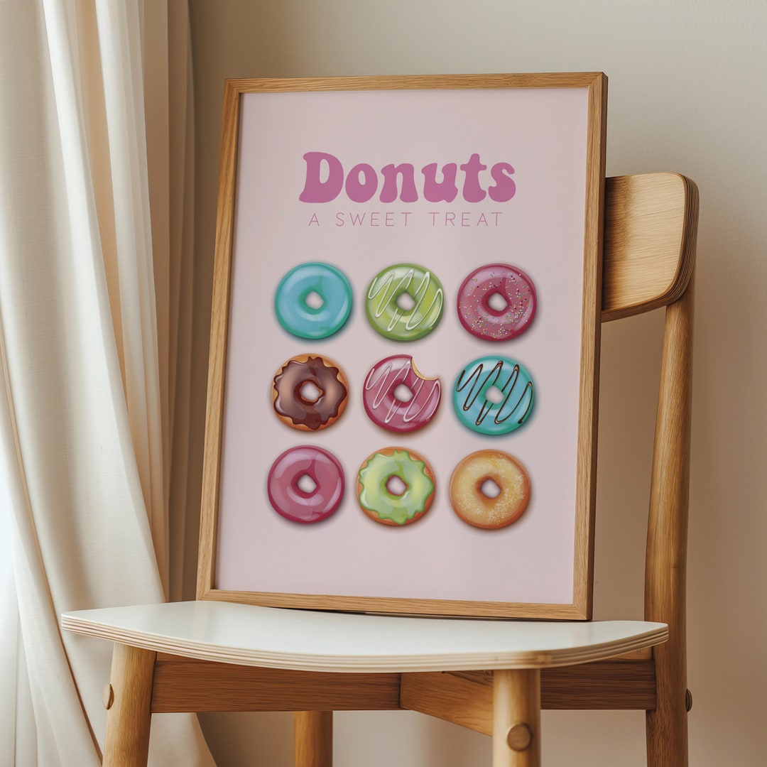 Affiche donuts colorés et rétro sur fond rose, décoration murale pour ...