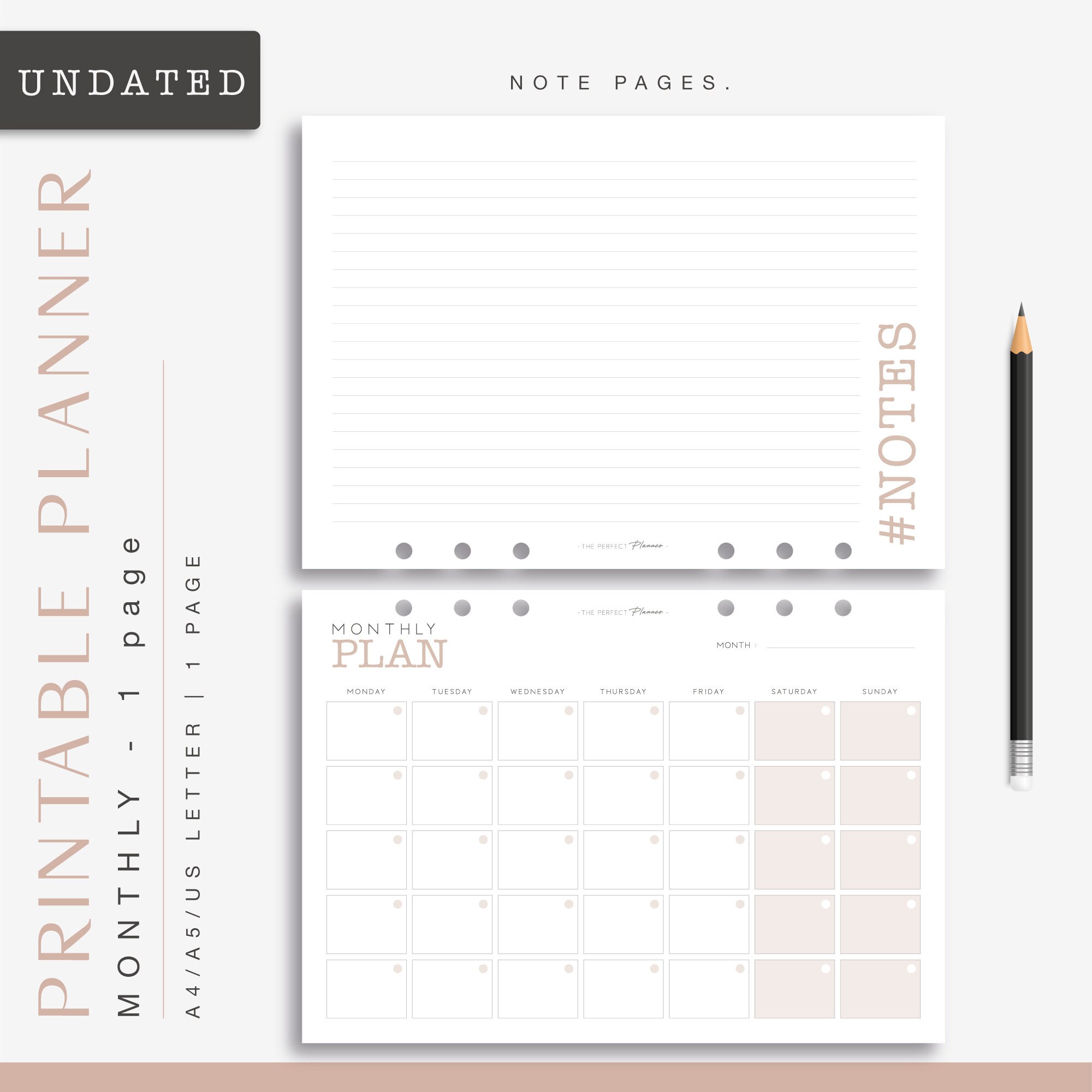 Landscape Monthly Printable Planner Month on 1 Page Beige and Black ...