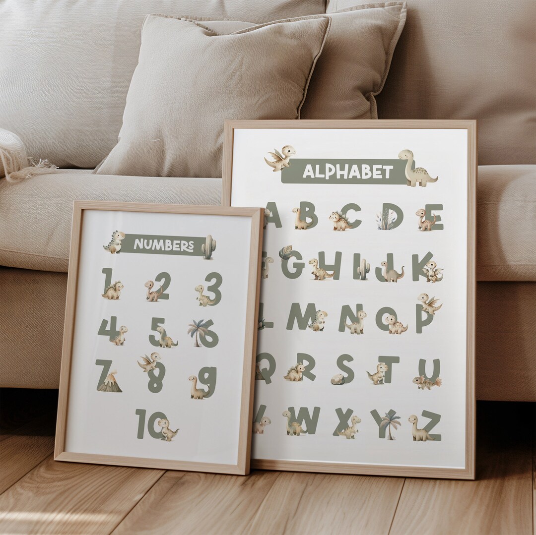 Dinosaur Alphabet and Numbers Posters, Prehistoric Animal Nursery Wall ...