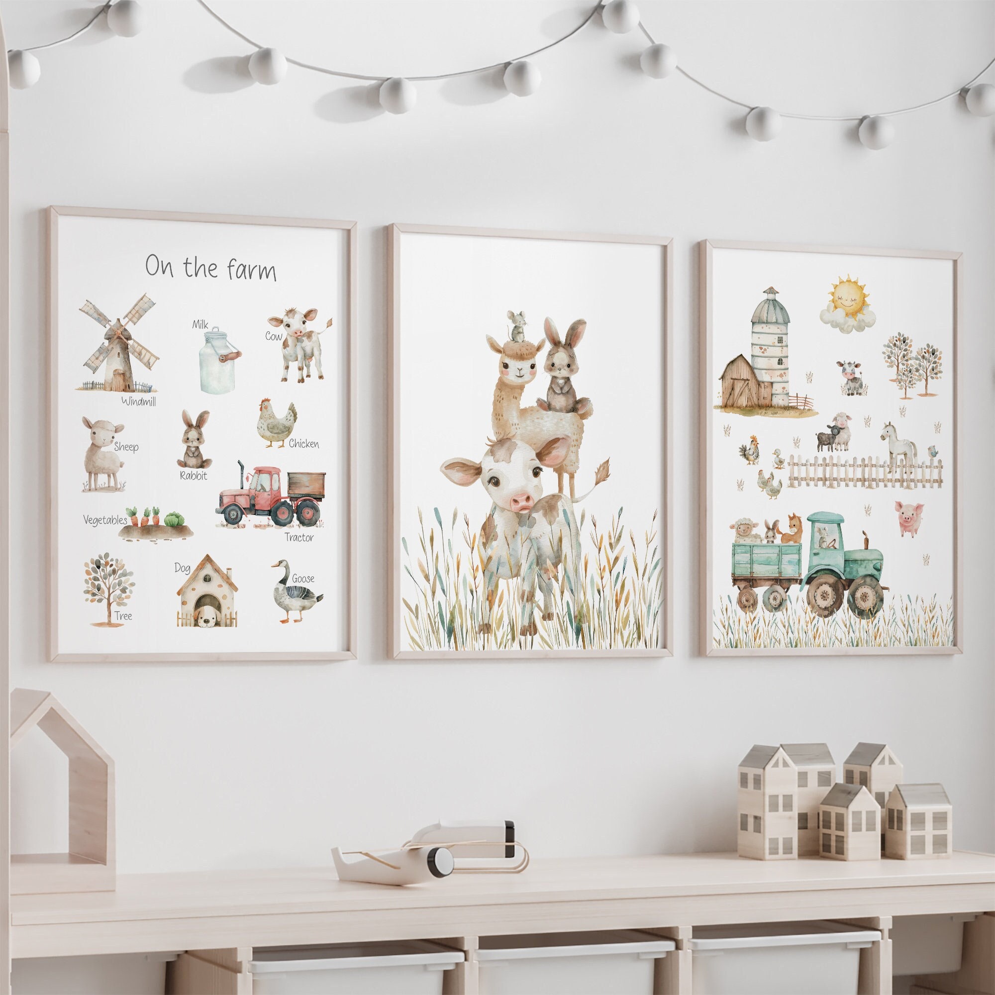 Farm Theme Poster Set, Farm Animals Nursery Wall Art, Watercolor Decor ...