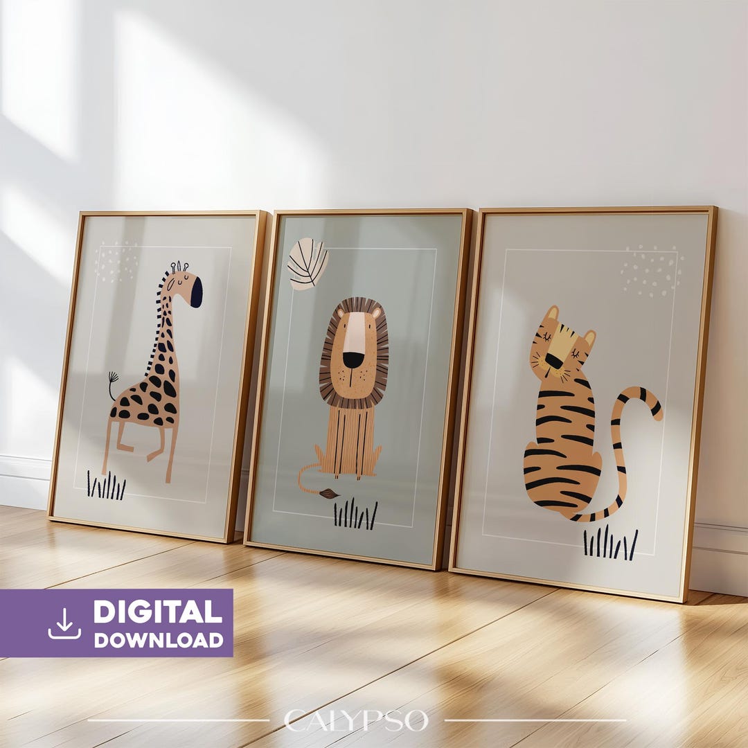 Digital Posters of Savannah Animals for Children, Minimalist Beige and ...