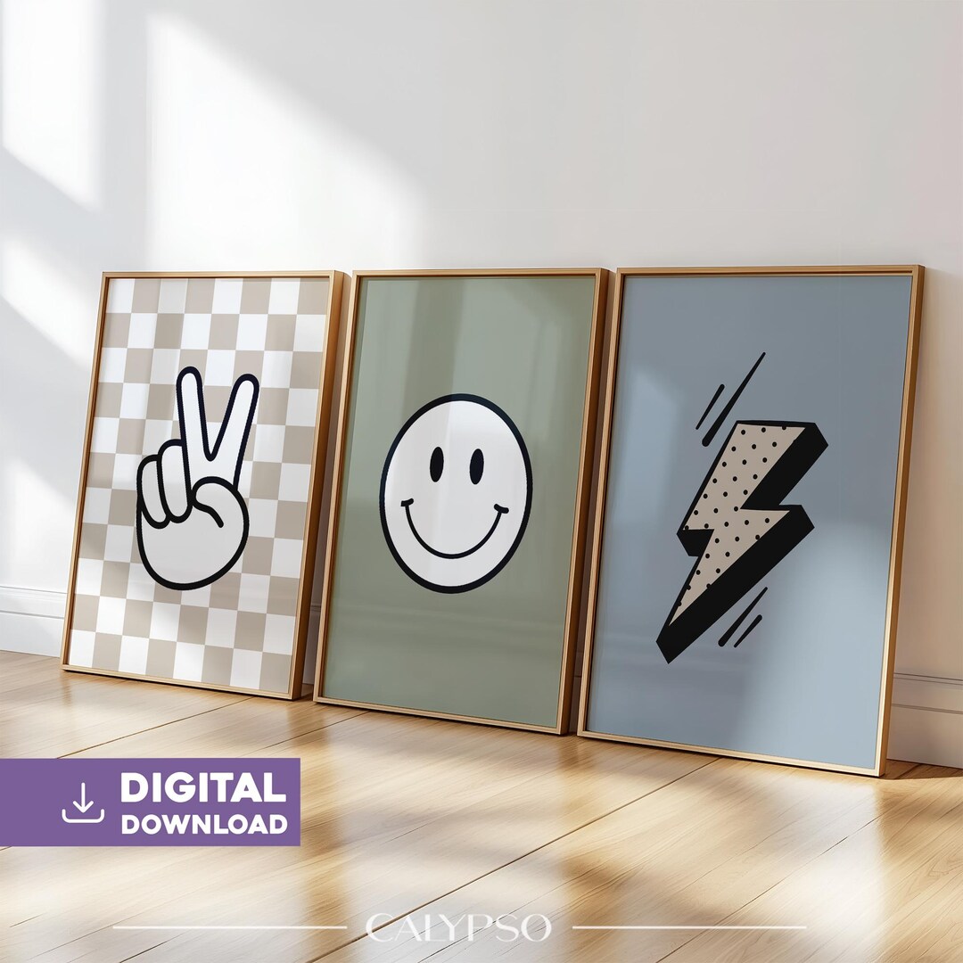Retro Digital Posters With Smiley Face, Lightning Bolt, and Peace Sign ...