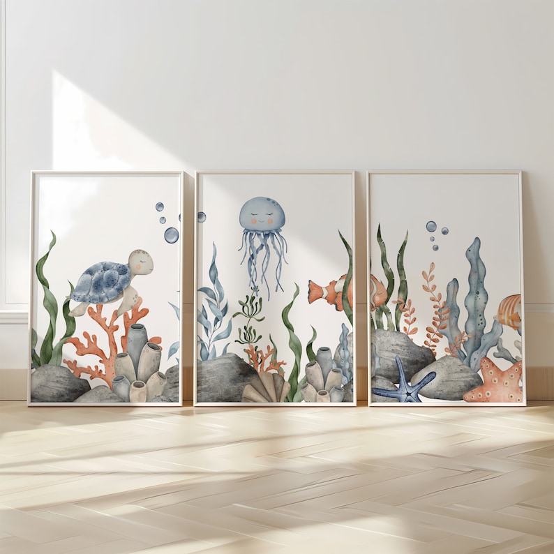 Trois affiches animaux de la mer pour enfants, ensemble de posters sur ...