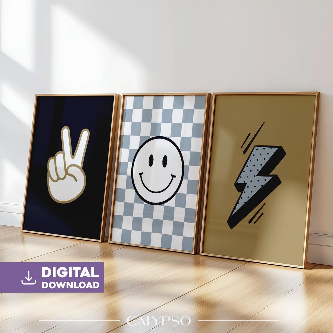 Retro Posters for Children, Groovy Decor With Smiley Faces, Lightning ...