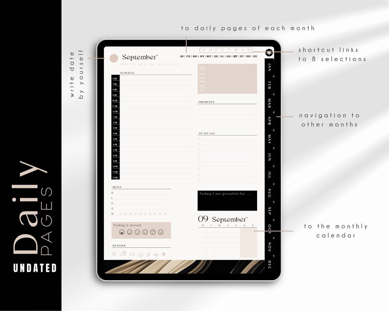 Undated Digital Planner Aesthetic Beige and Black Tones Using With ...