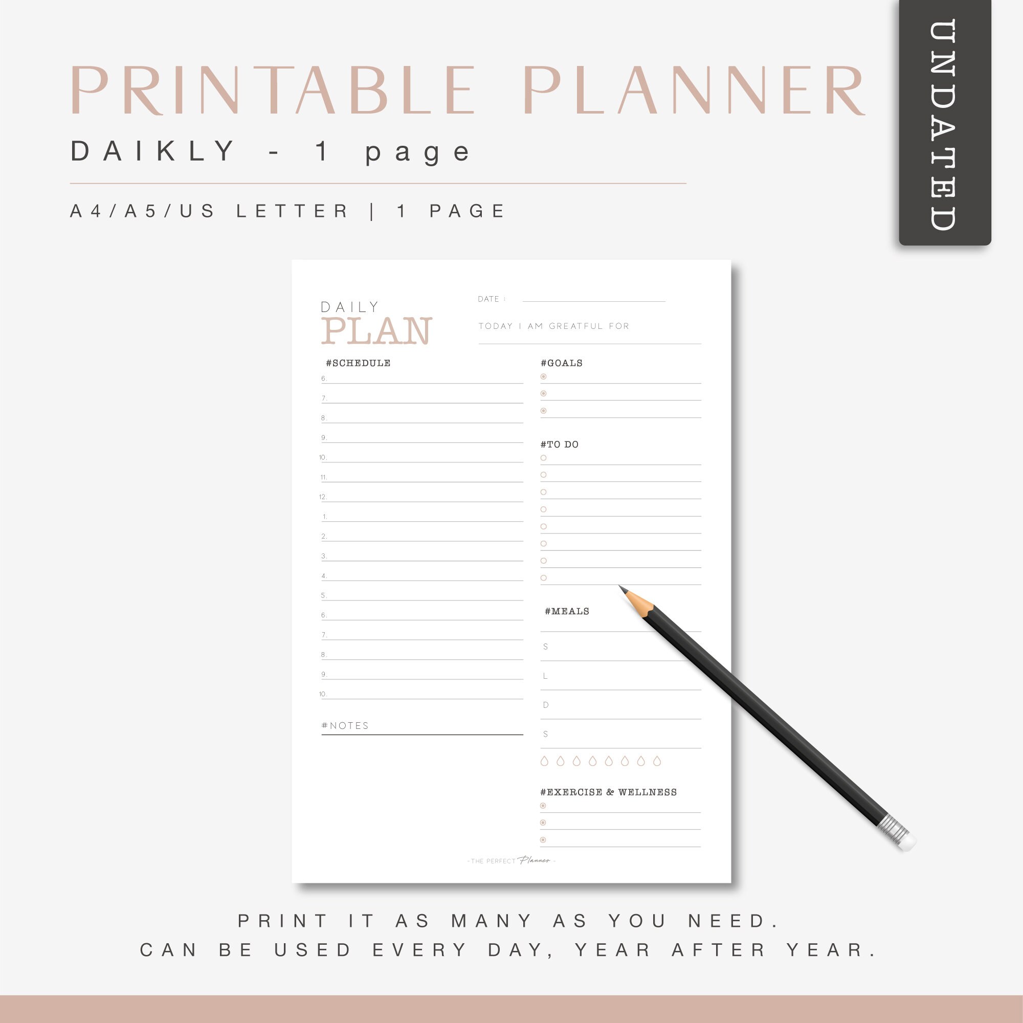 Daily Printable Planner Day on 1 Page Undated Minimalist Beige and ...