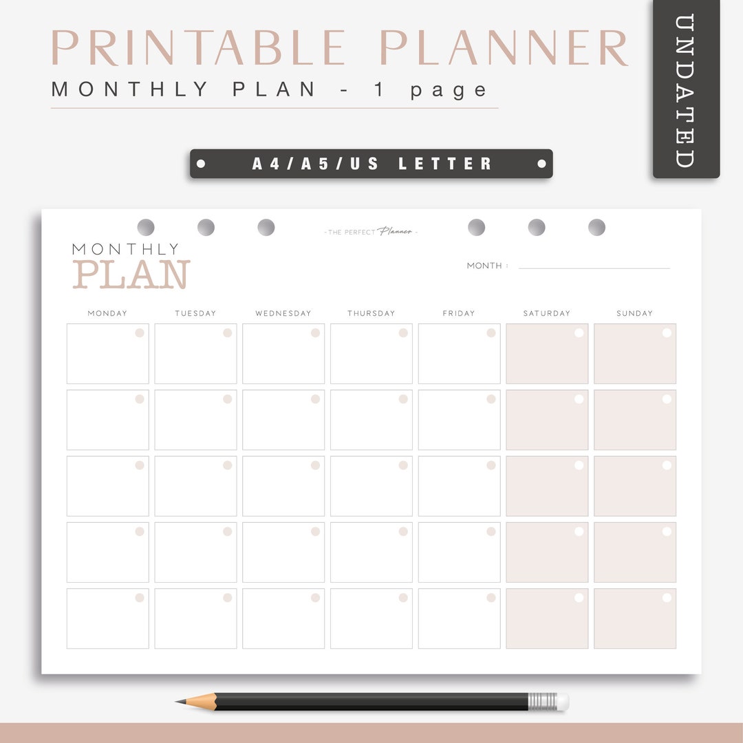 Landscape Monthly Printable Planner Month on 1 Page Beige and Black ...