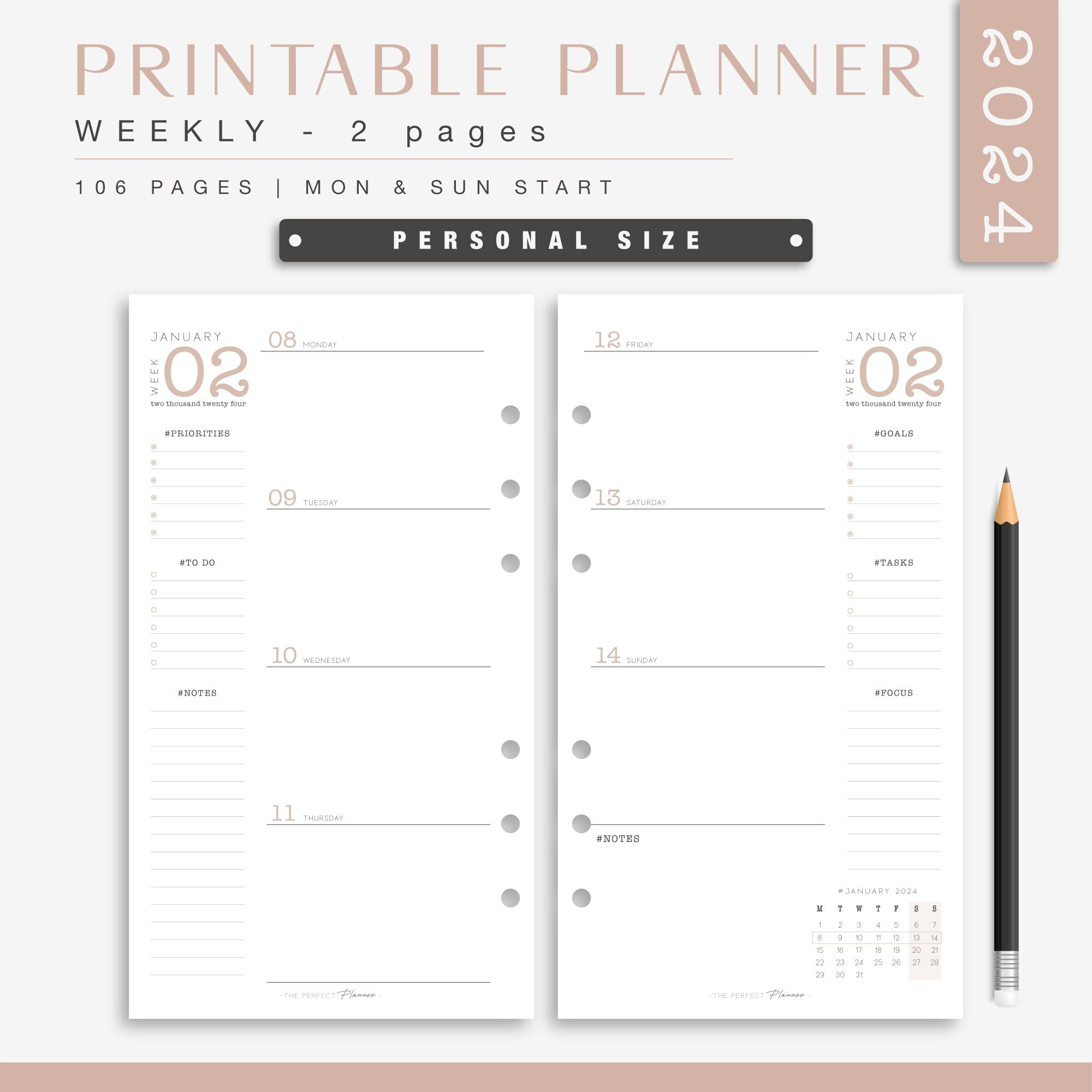 Week on 2 Pages Personal Planner 2024 Weekly Planner Beige Minimalist ...