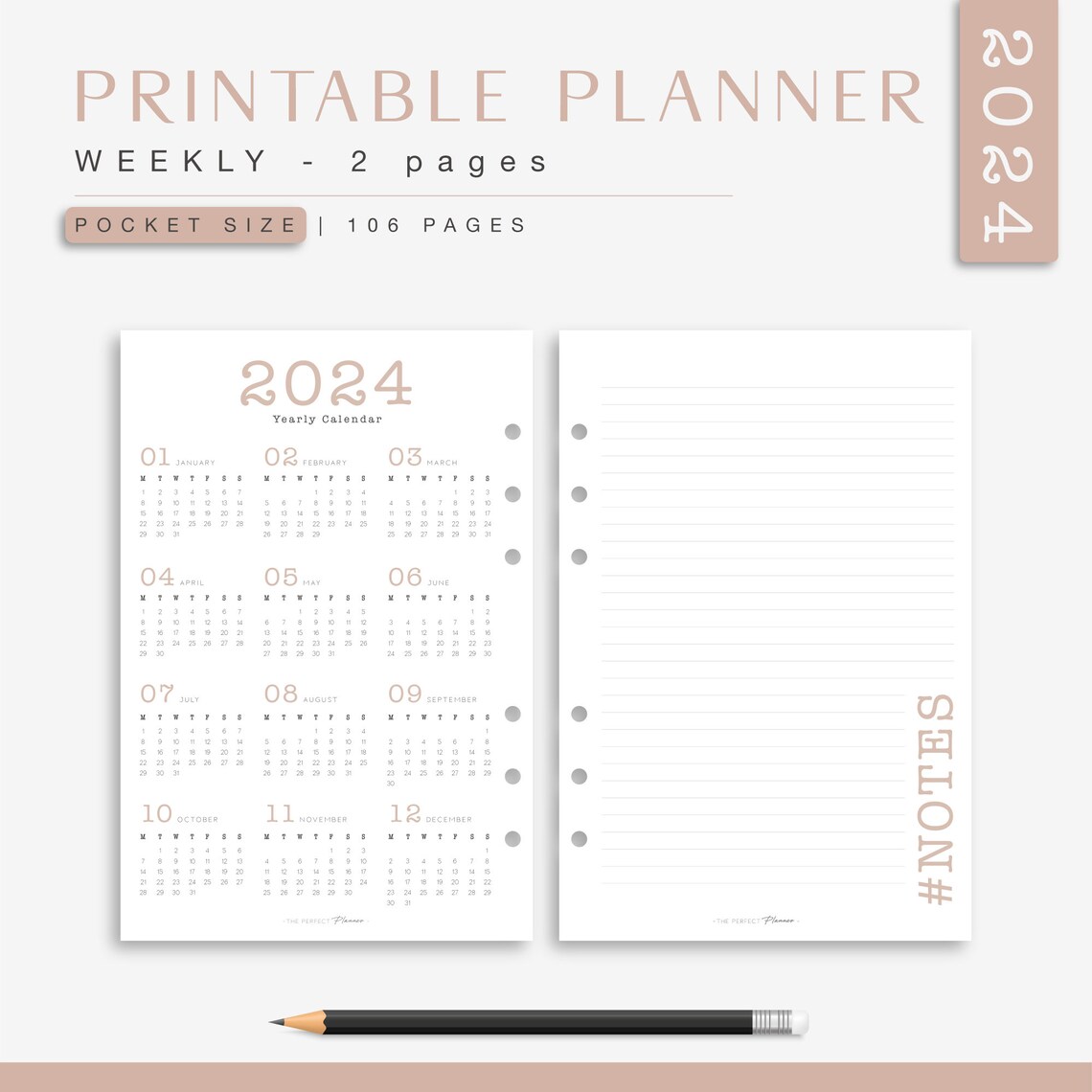 Pocket Weekly Planner 2024 Printable Week on 2 Pages Beige and Black ...