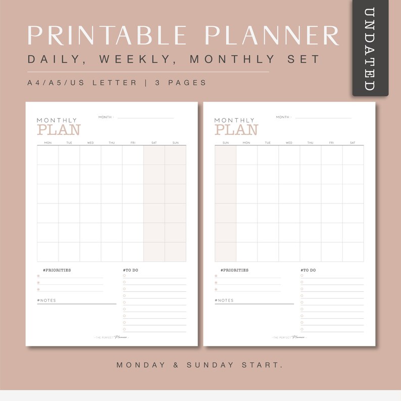 Printable Planner Bundle Undated Daily, Weekly and Monthly Templates ...