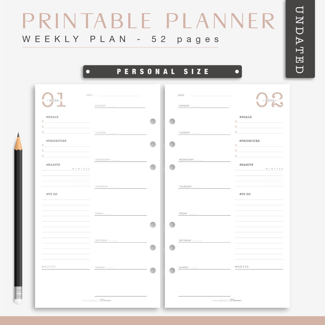 Personal Weekly Planner Refill Week on 1 Page Undated Beige and Black ...