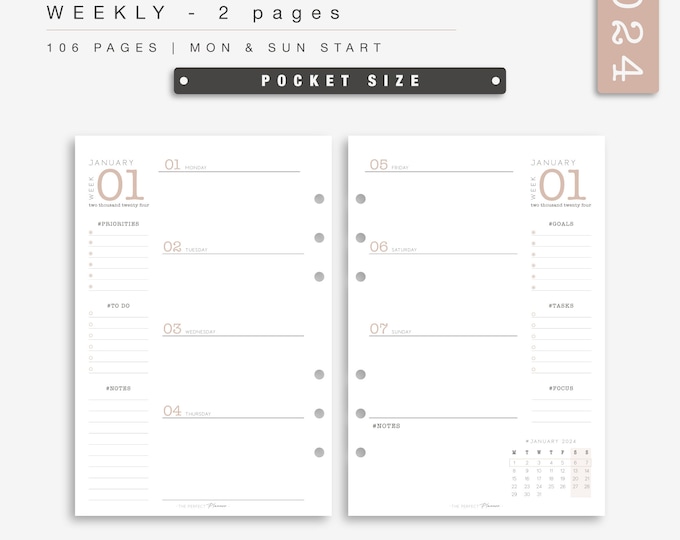 Pocket Weekly Planner 2024 - Printable Week on 2 Pages - Beige and ...