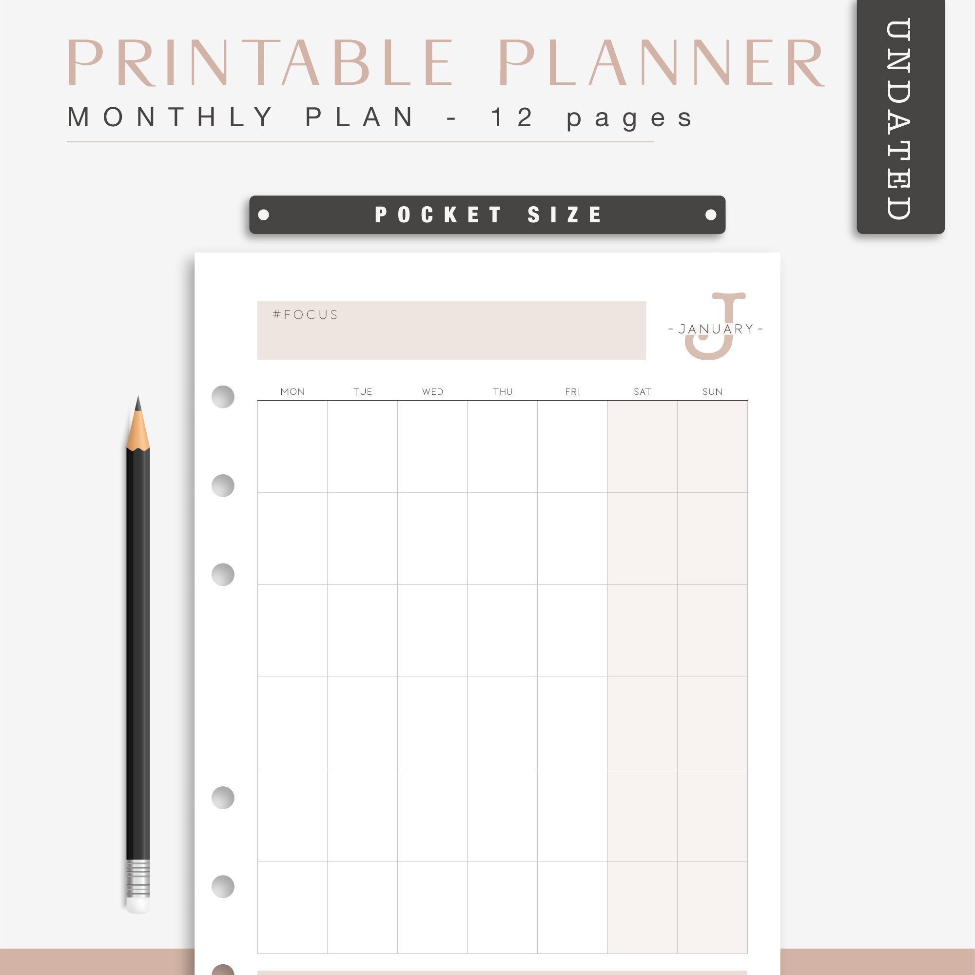 Undated Printable Pocket Planner Month on 1 Page Beige and Black Agenda ...