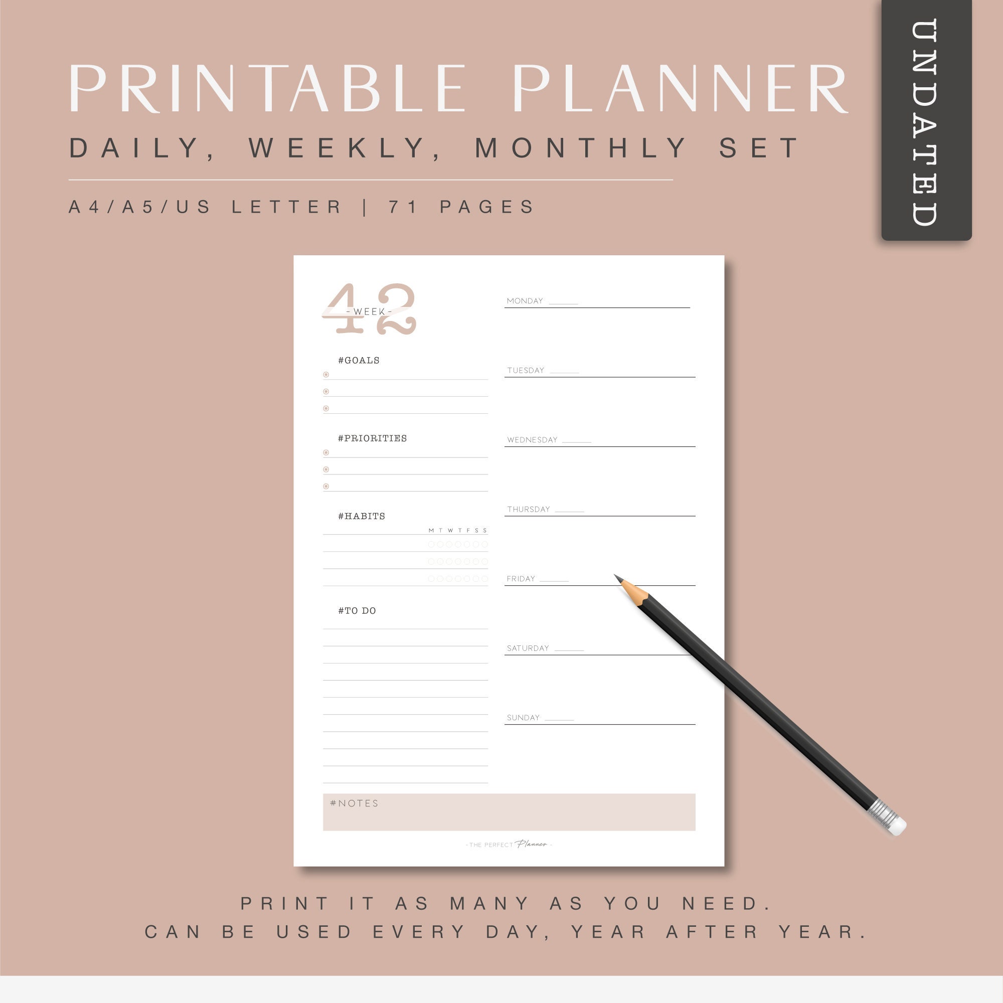 Printable Planner Bundle Undated Daily, Weekly and Monthly Refills ...