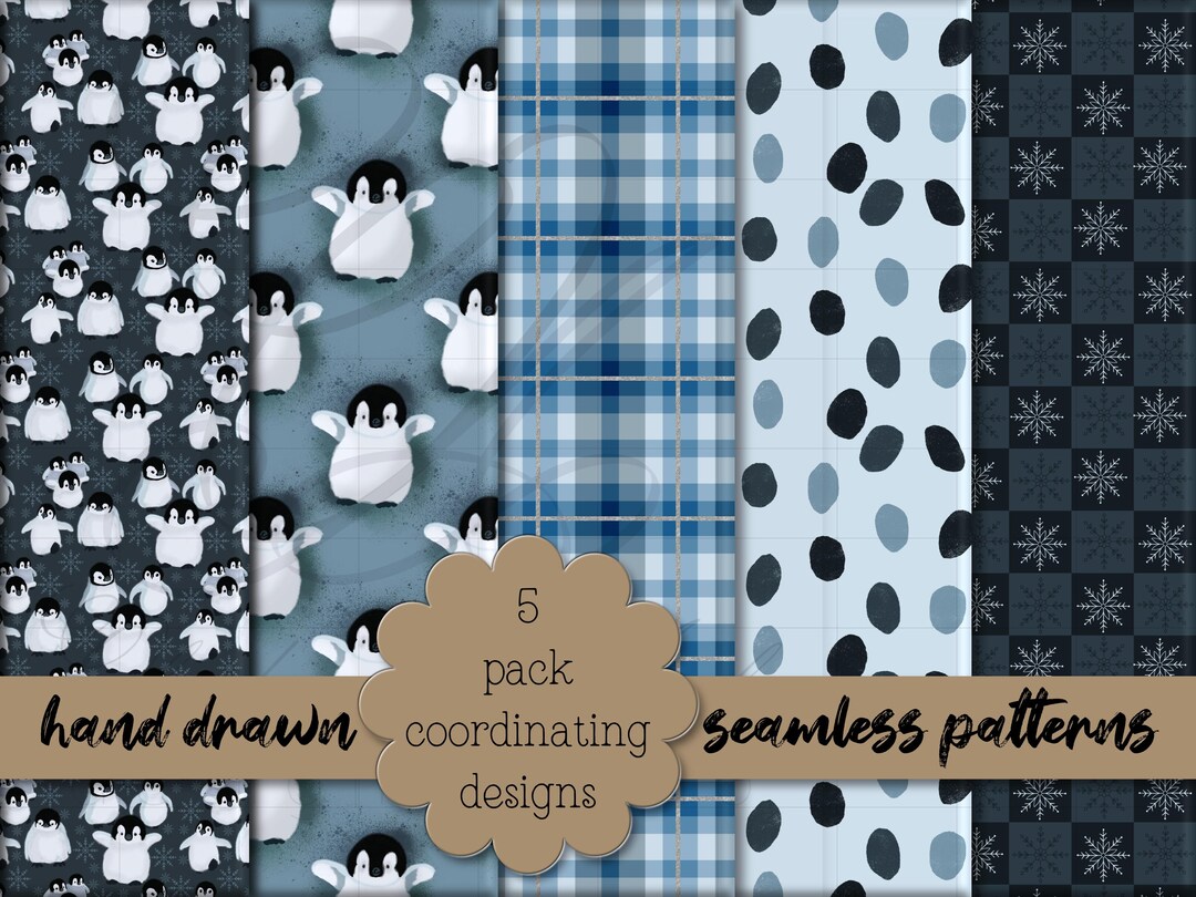 Penguin Party | Hand Drawn Seamless Pattern Pack | 12x12" 300 DPI PNG ...