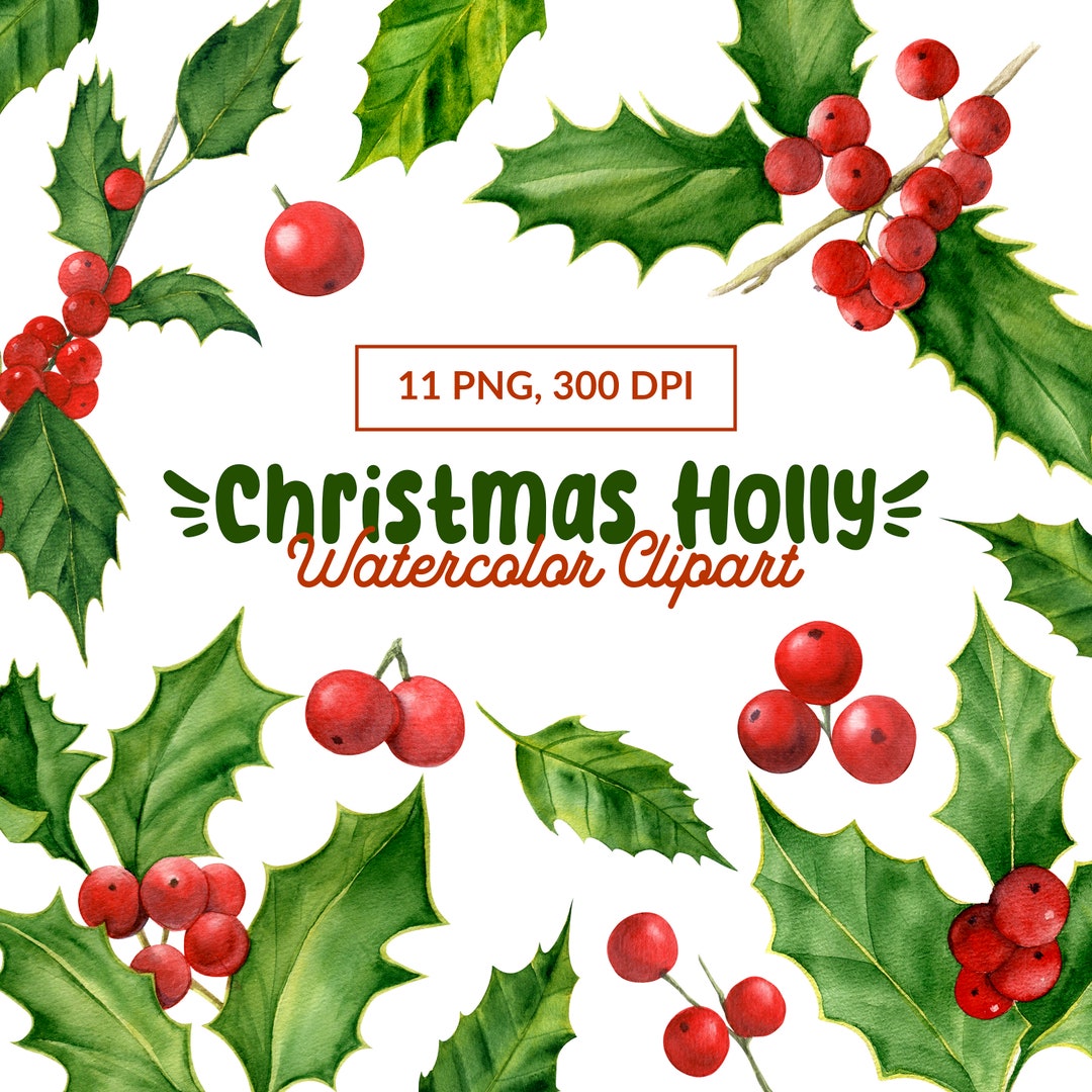 Christmas Holly Clipart PNG, Watercolor Holly Branches, Leaves and ...
