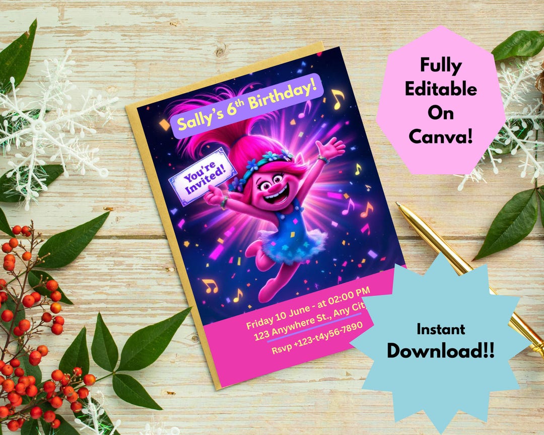 Poppy Birthday Invitation Template, Kids Party, Editable Canva (digital ...