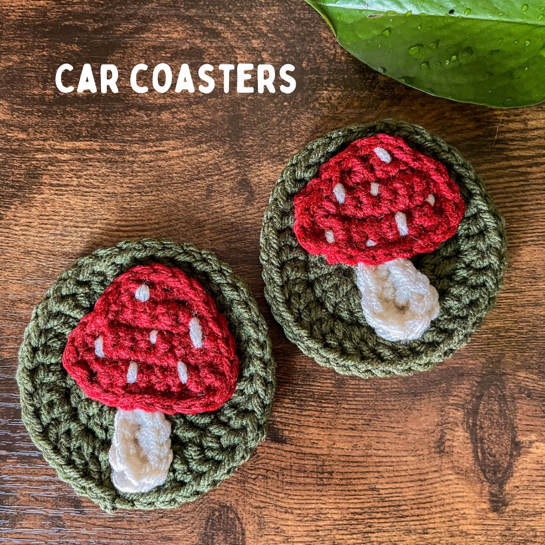 Crocheted Mushroom Car Coasters: Cottagecore Car Decor (set of Two) - Etsy