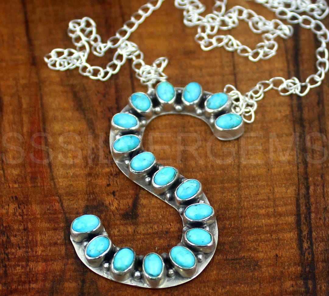 Western Boho Large Turquoise Letter Initial Necklace, 925 Sterling ...