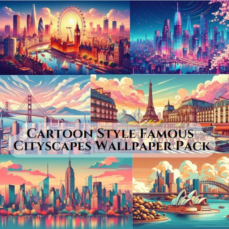 Printable Cartoon Style Famous Cityscapes | 16x9 | HD Digital Download ...