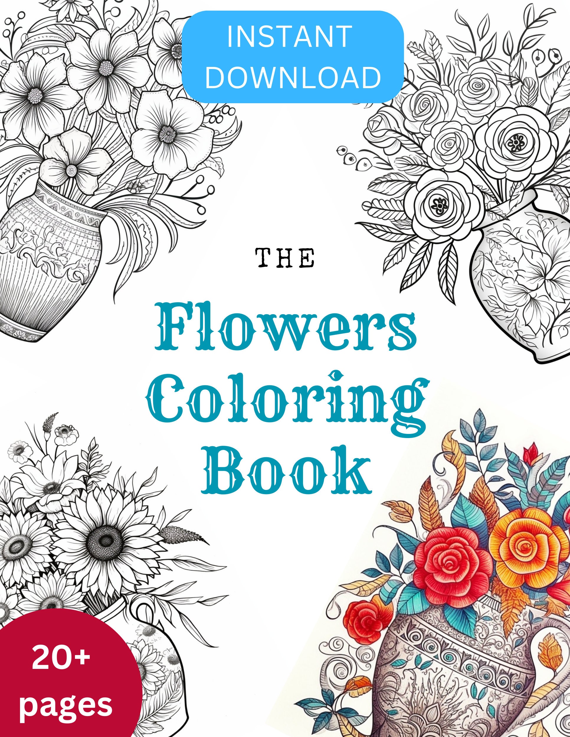 20 Beautiful Flowers Coloring Book Adults/kids Coloring Pages, Instant ...