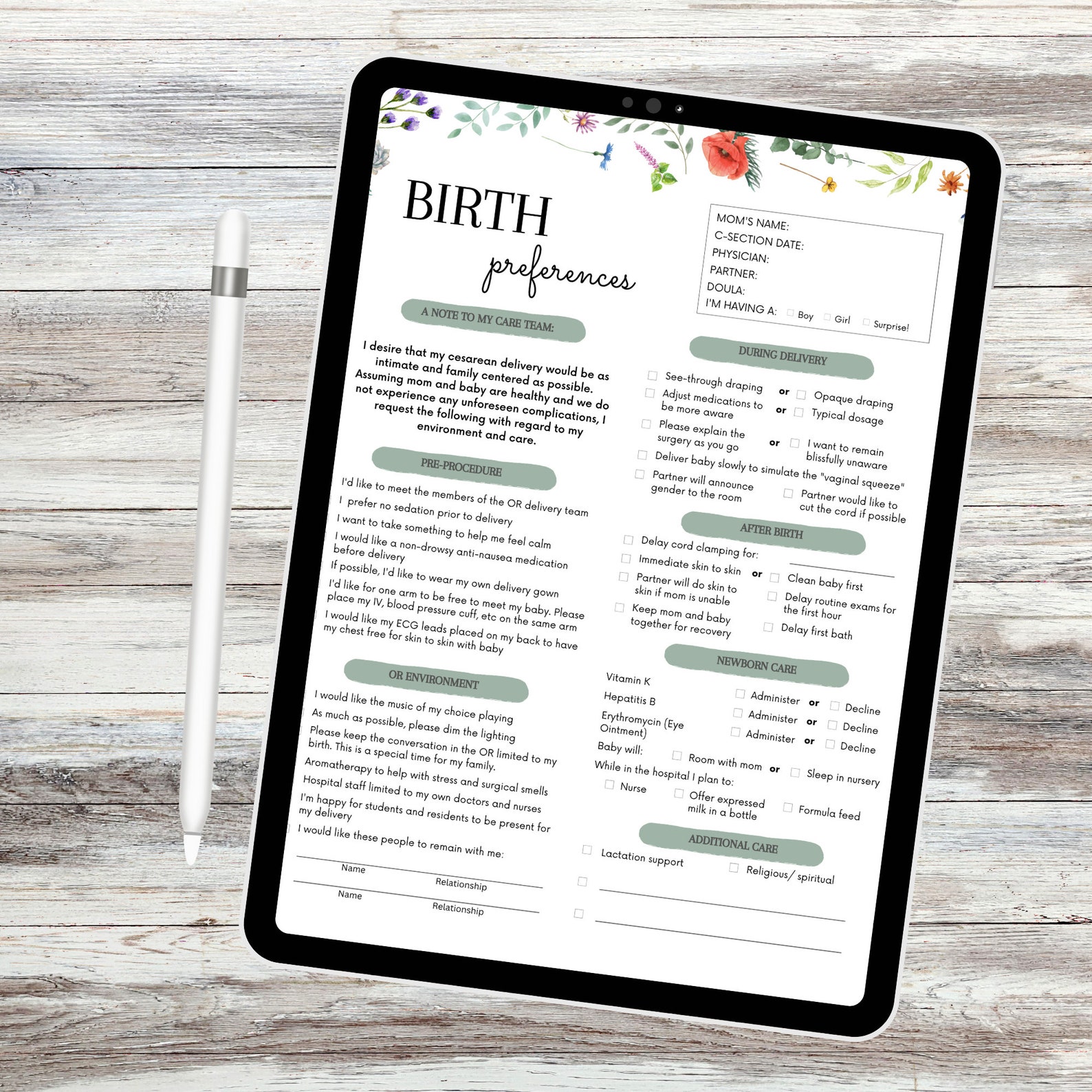 Cesarean Birth Plan | Printable Labor and Delivery Checklist | Editable ...