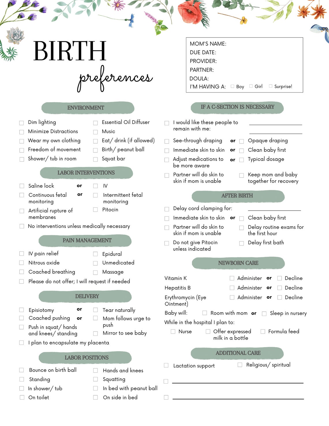 Botanic Birth Plan | Printable | Editable With Canva Template | Birth ...