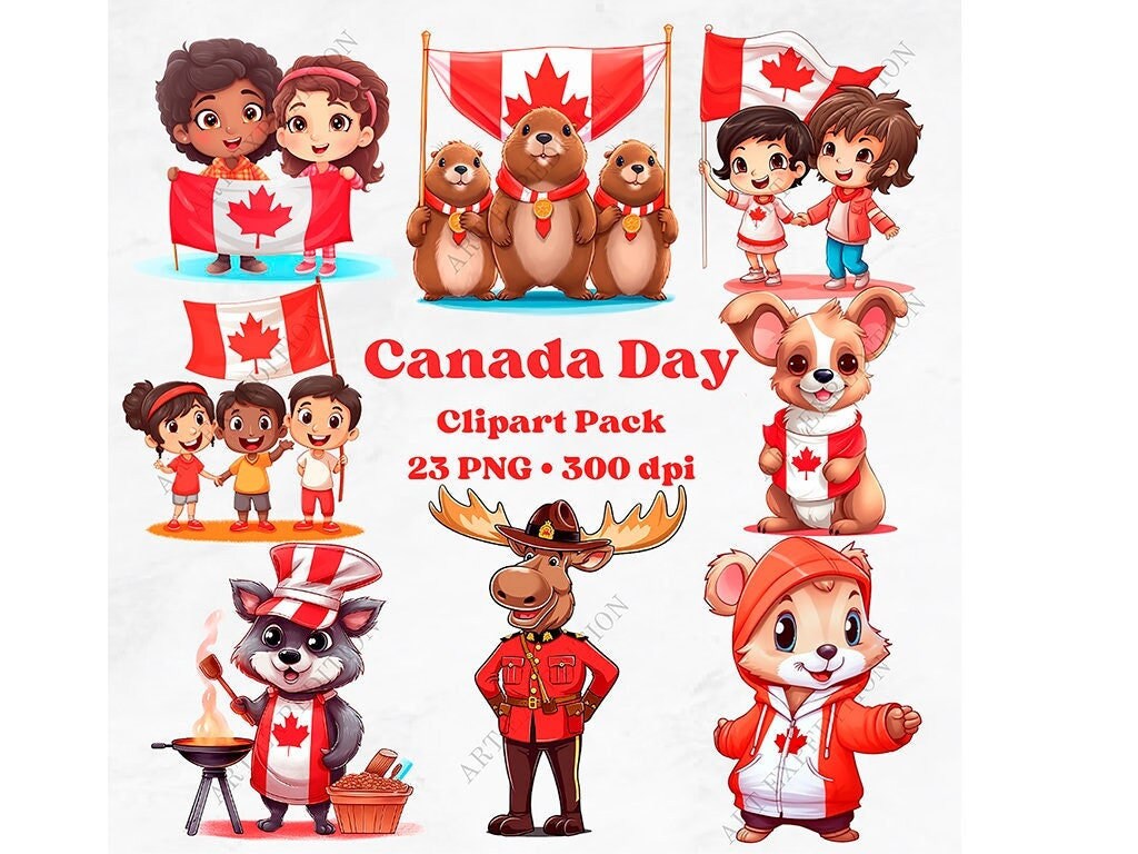 Canada Day Clipart Cute Animals and Kids in PNG Format Instant Download ...